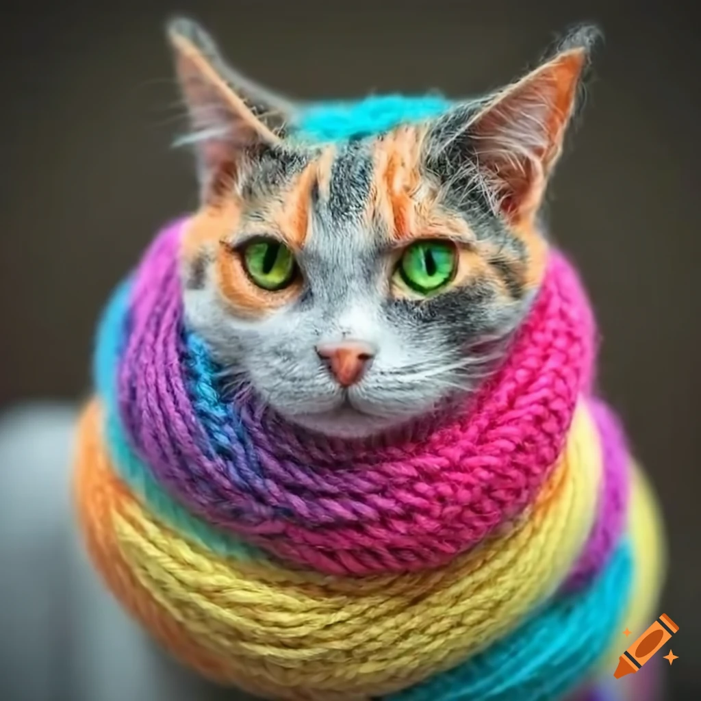 Calico cat knitting a rainbow scarf from a ball of yarn on Craiyon