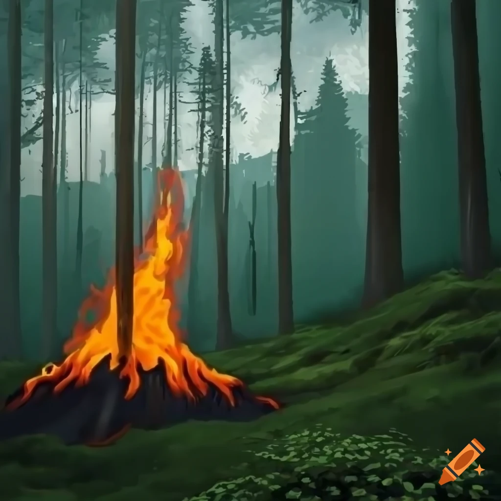 Cartoon fire engulfing a mountain forest for a forest fire game ...