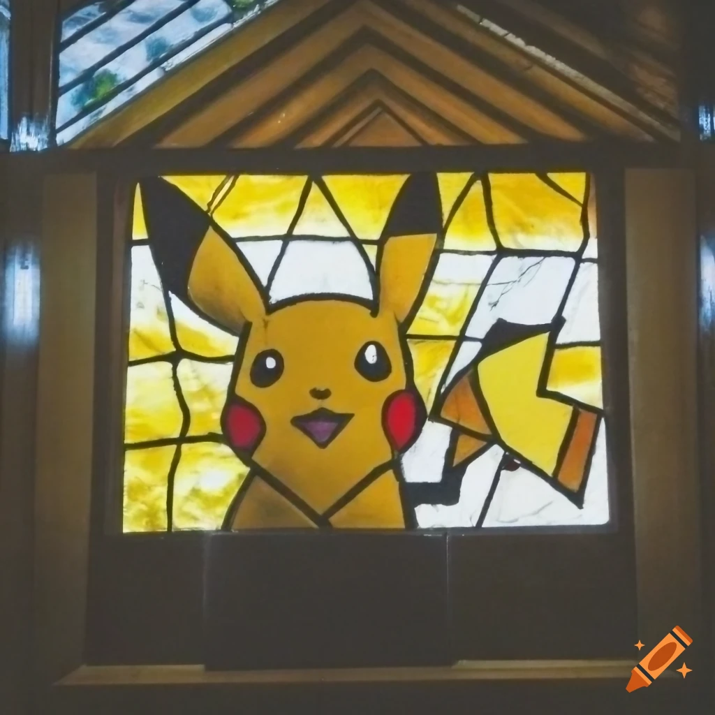 Pikachu drawing on stained glass window with light reflections on Craiyon