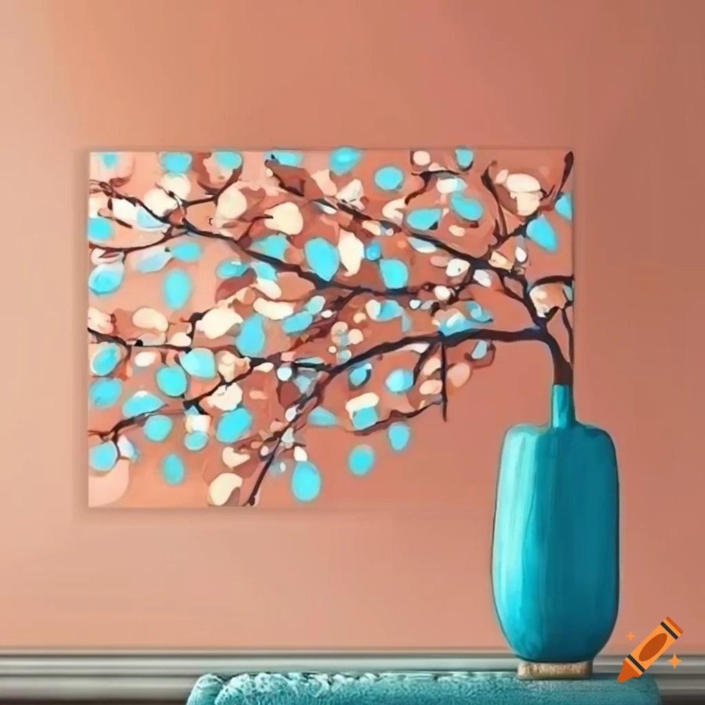 Colorful modern painting of winter blue apples on branches in ...