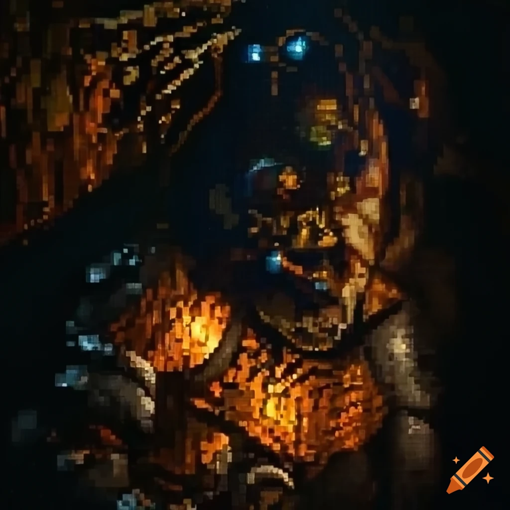 Portrait of copper tubes and amber stones in pixel art style inspired ...