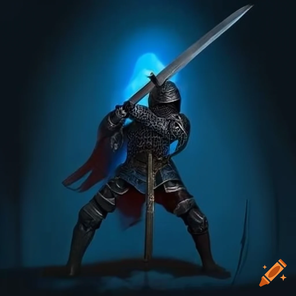 Knight with double-handed sword in various blue tones on Craiyon