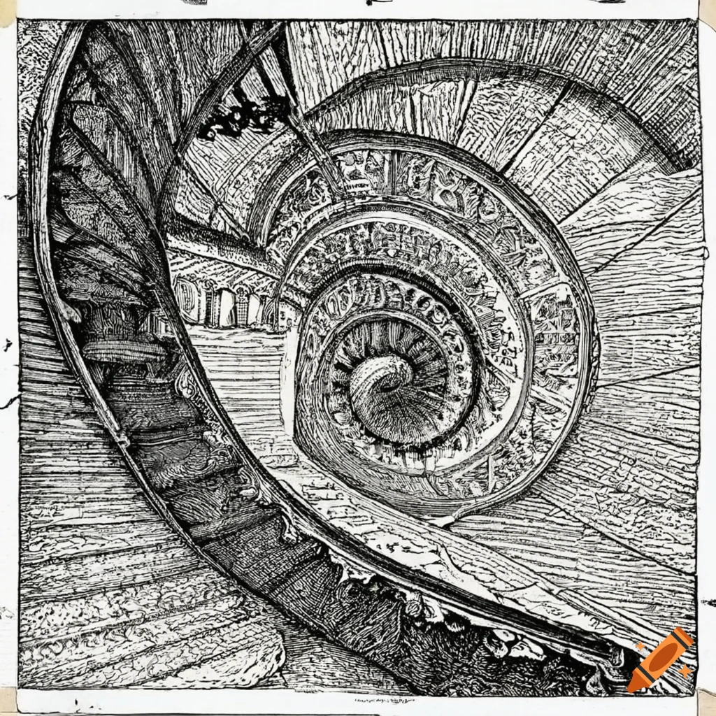 Spiral stairs in black and white engraving style on Craiyon