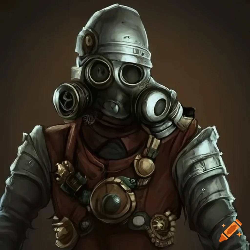 Steampunk soldier in grey armor with gas mask and sinister look on Craiyon