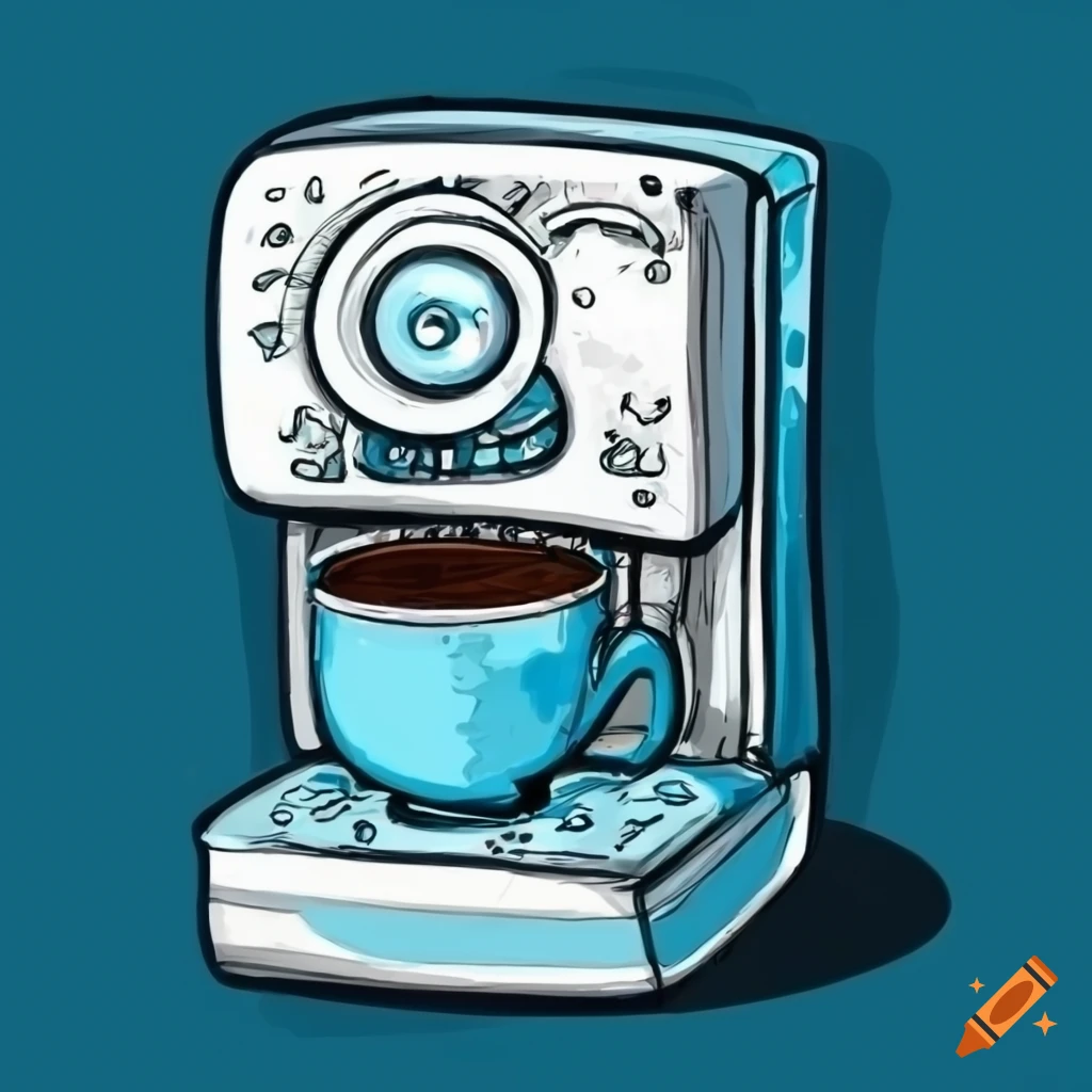 Broken coffee machine cartoon on a blue background on Craiyon