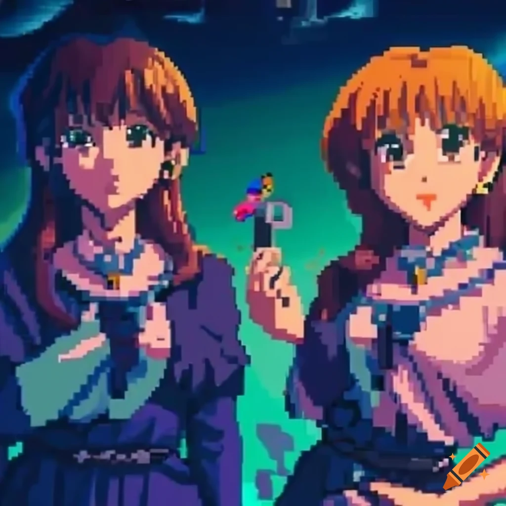 Pixel art portrait of two anime idols saving the world in a 90s anime ...