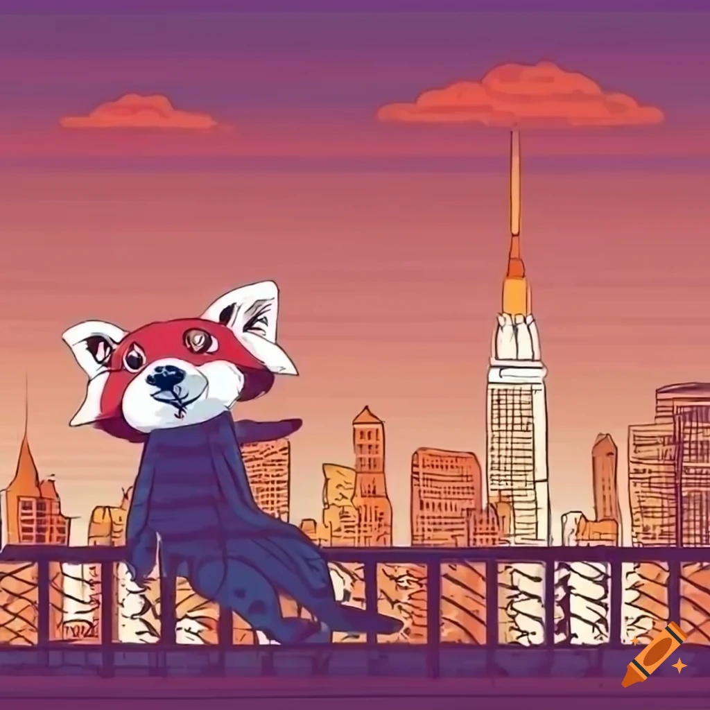 Animated red panda on a rooftop with New York City skyline at sunset on ...