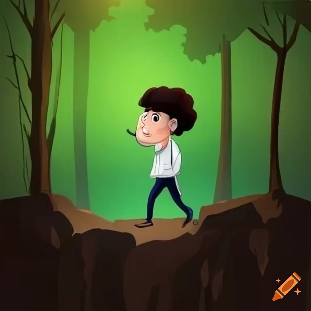 Cartoon researcher overlooking a forest from a cliff on Craiyon