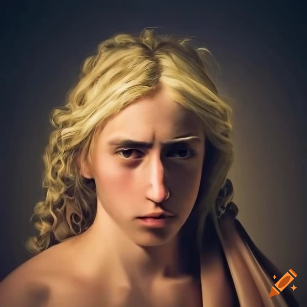 Young ancient Greek man with a cold stare and blonde long hair in San ...