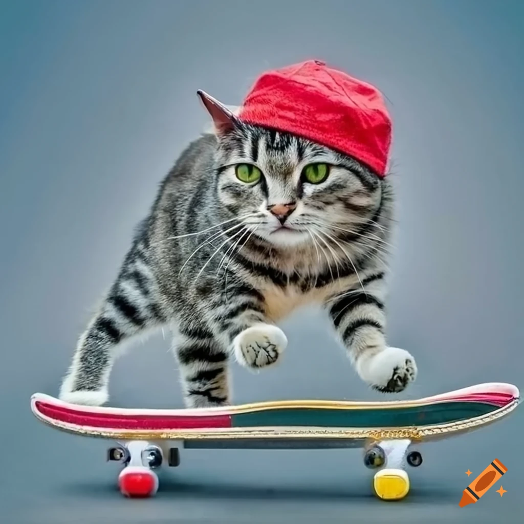 Overweight grey Tabby cat skateboarding with red cap and yellow shorts ...