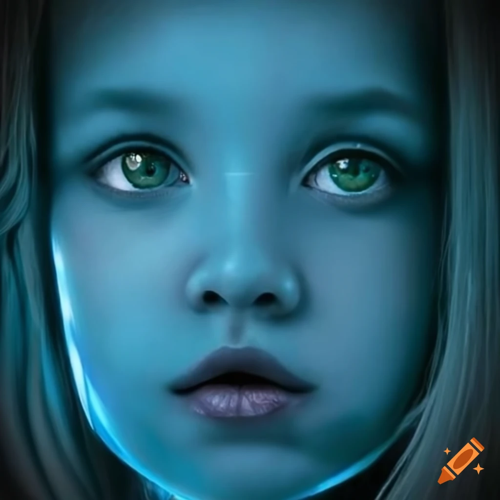 Blue-colored girl with green eyes on Craiyon