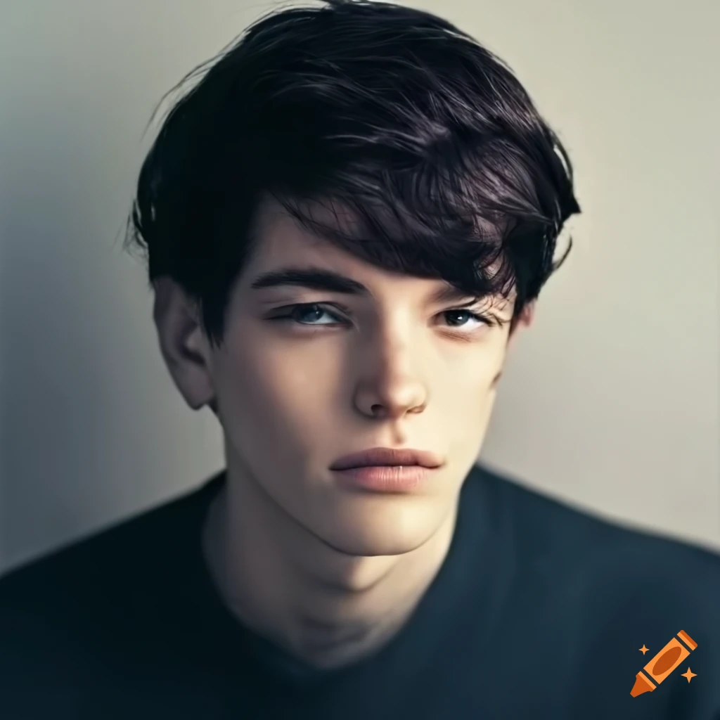 Portrait of a man with dark hair and delicate features blushing on Craiyon