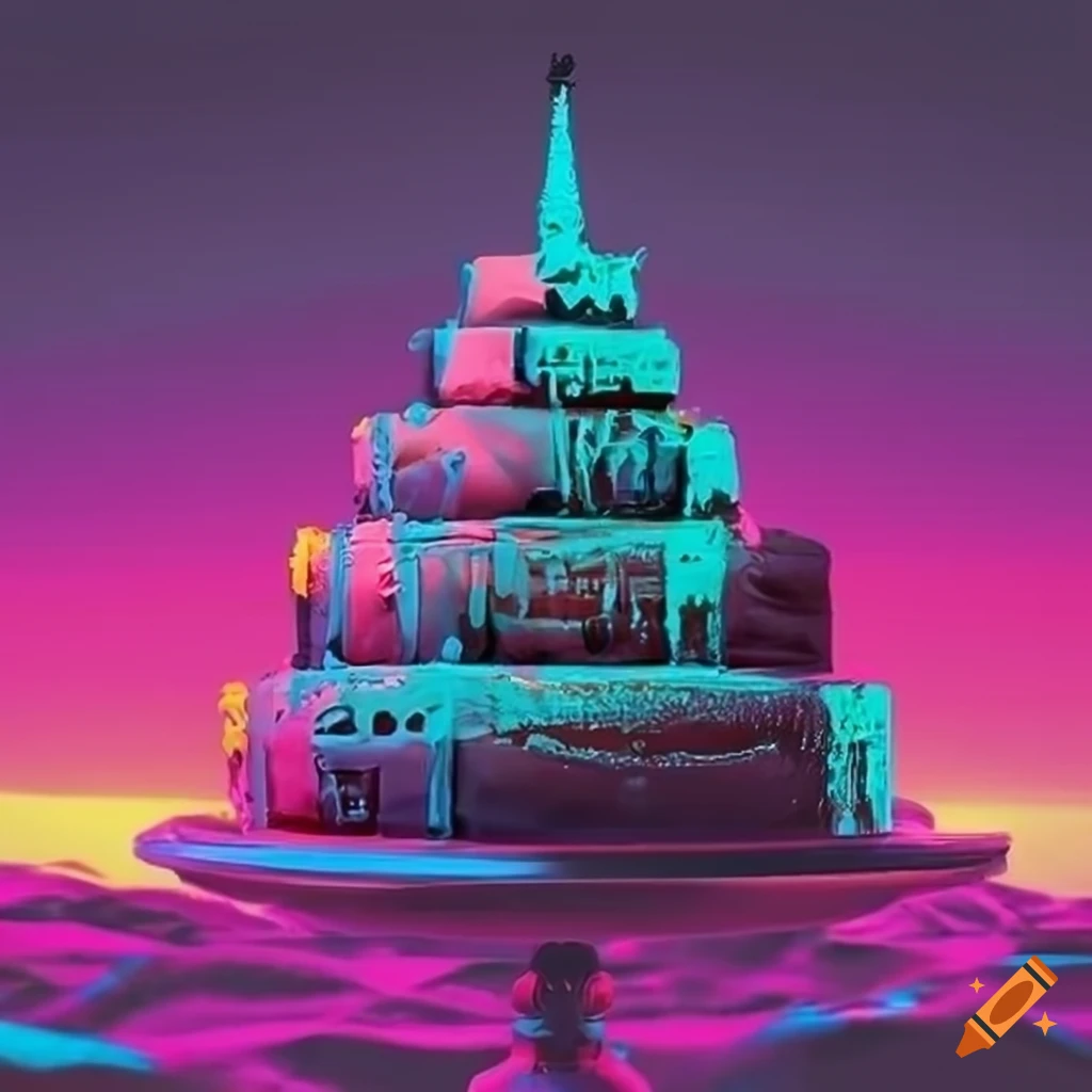 Birthday cake party with retro sci-fi vaporwave theme on Craiyon