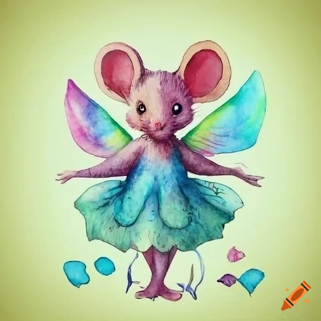 Cute storybook fairy mouse in rainbow colors in watercolor style on Craiyon