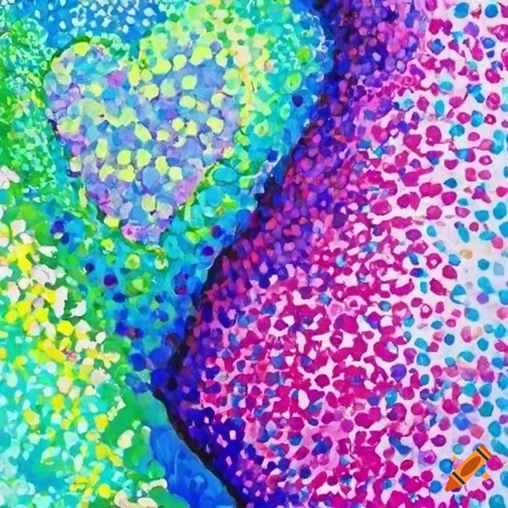 Pointillism painting with random green, blue, purple, pink, and white ...