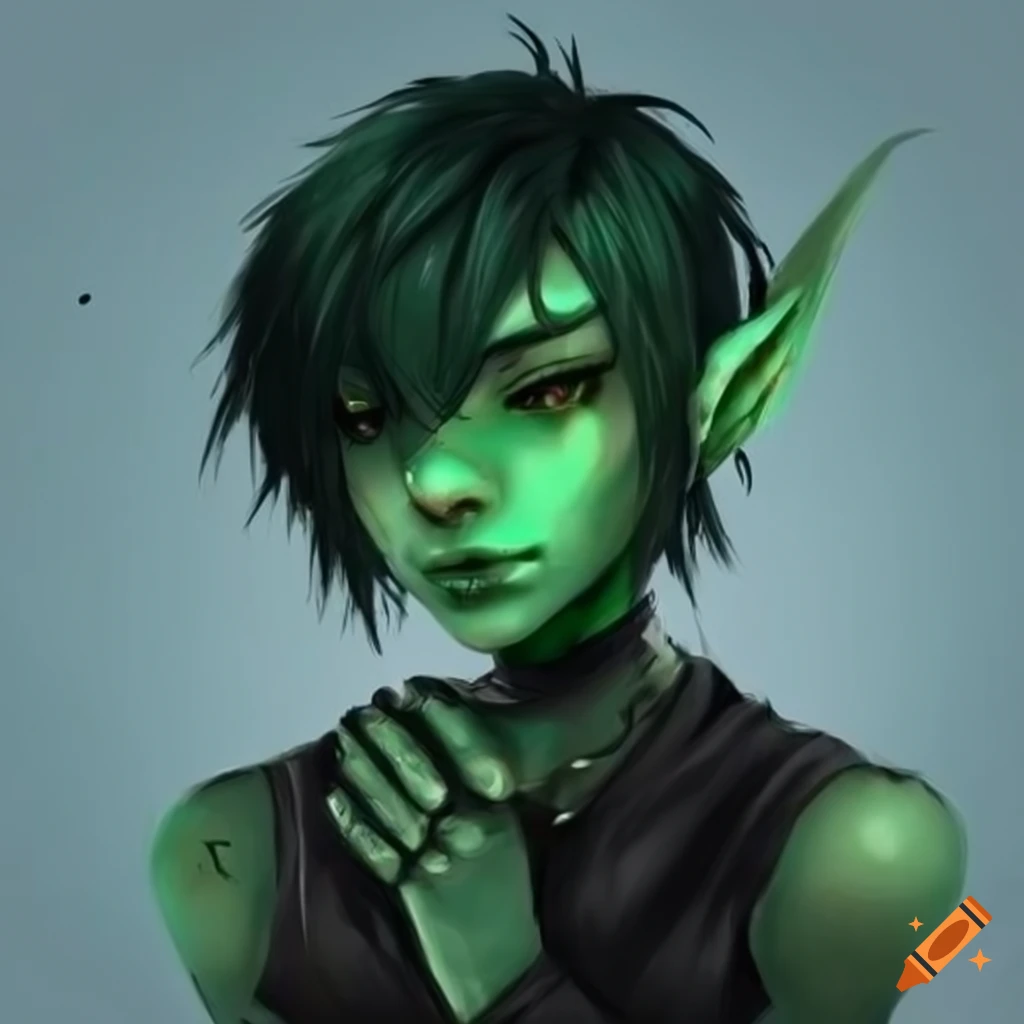 Edjek the dark green-skinned young goblin with emo hair on Craiyon