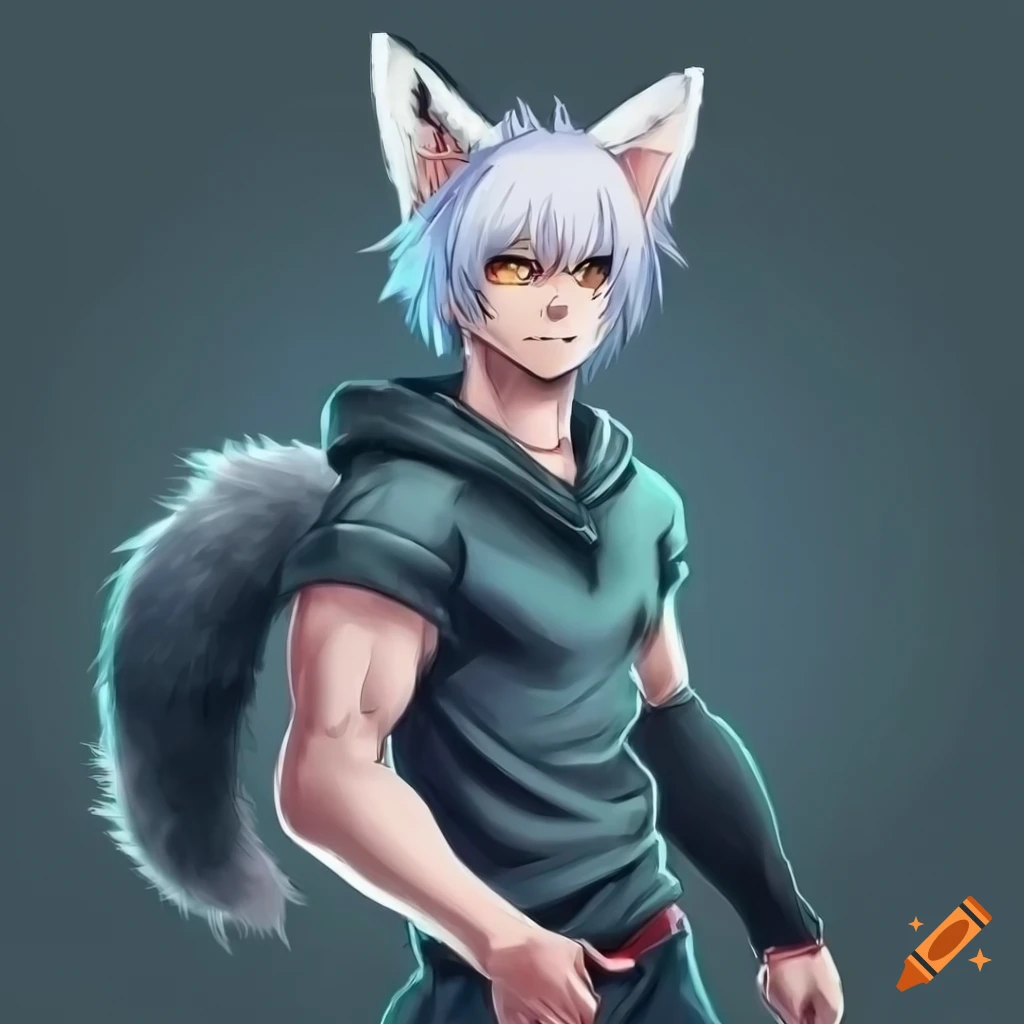 Anime man with black fox ears and tail in full body view on Craiyon