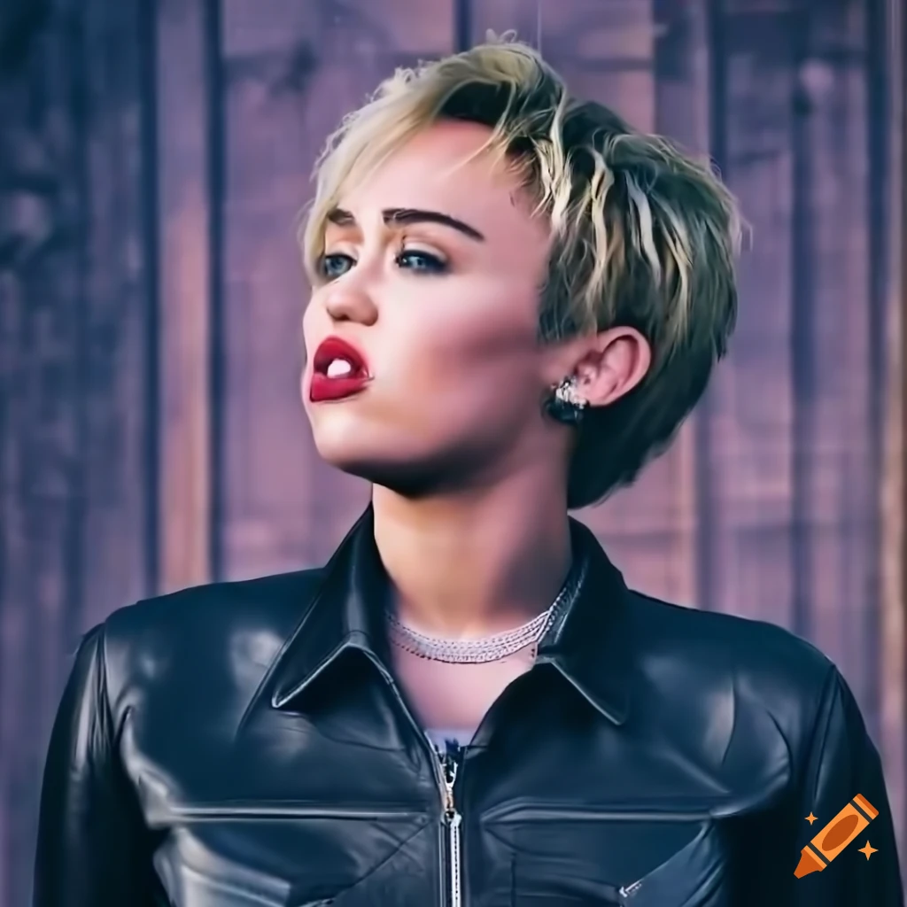 Miley Cyrus look-alike in purple plaid shirt and black leather outfit ...