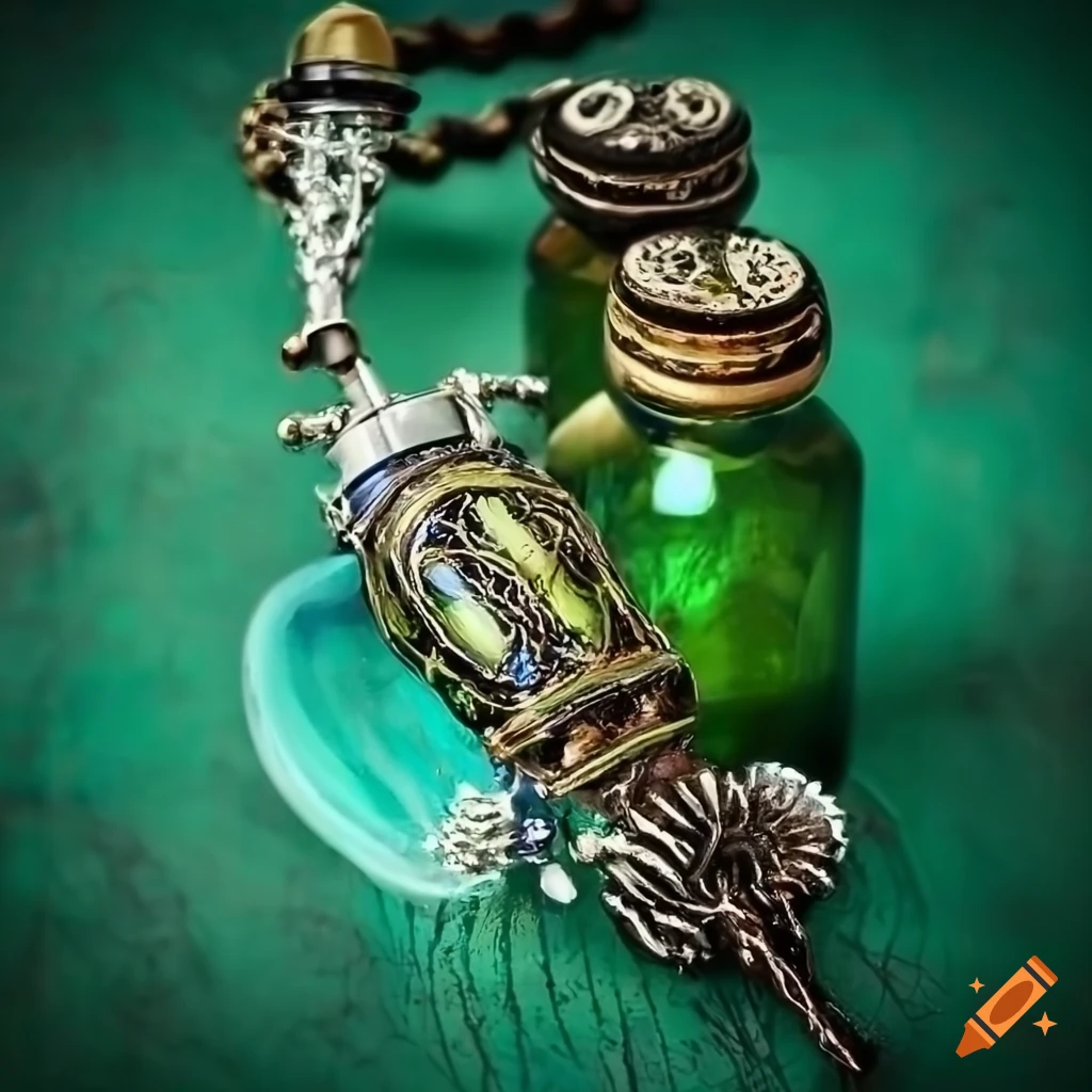 Green venom serum bottle with colorful gems and silver plating in a ...