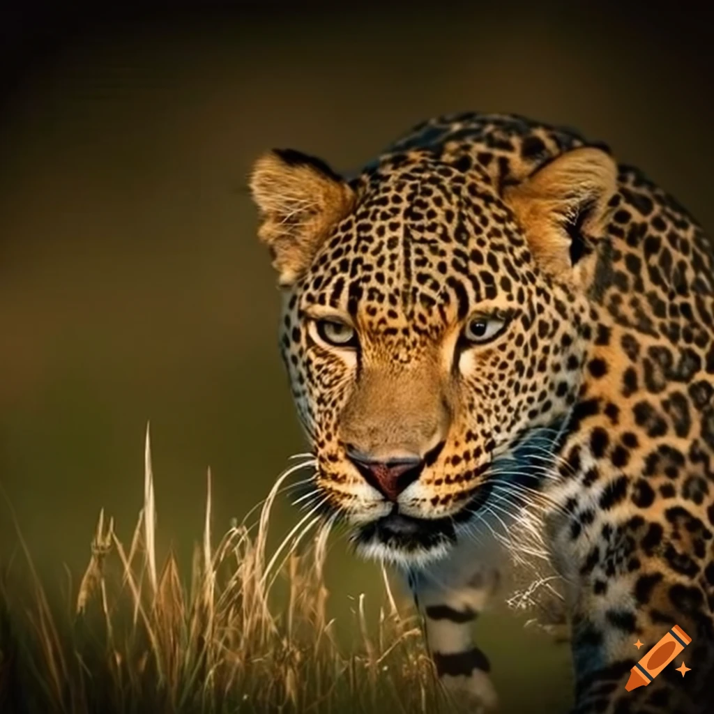 Leopard crouching in high prairie grass on Craiyon