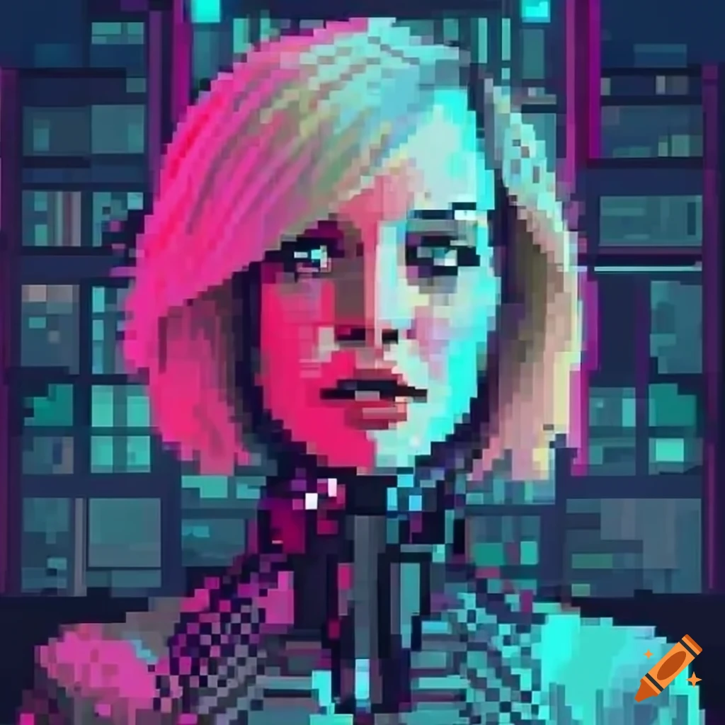 Pixelart portrait of a blonde android cyborg woman in a cyberpunk ...