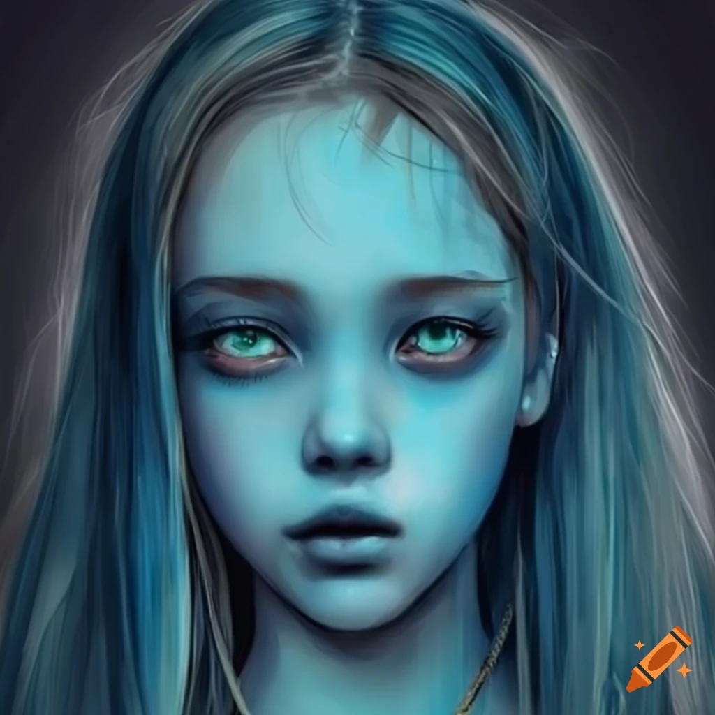 Portrait of a girl with blue skin and green eyes in 3/4 view on Craiyon