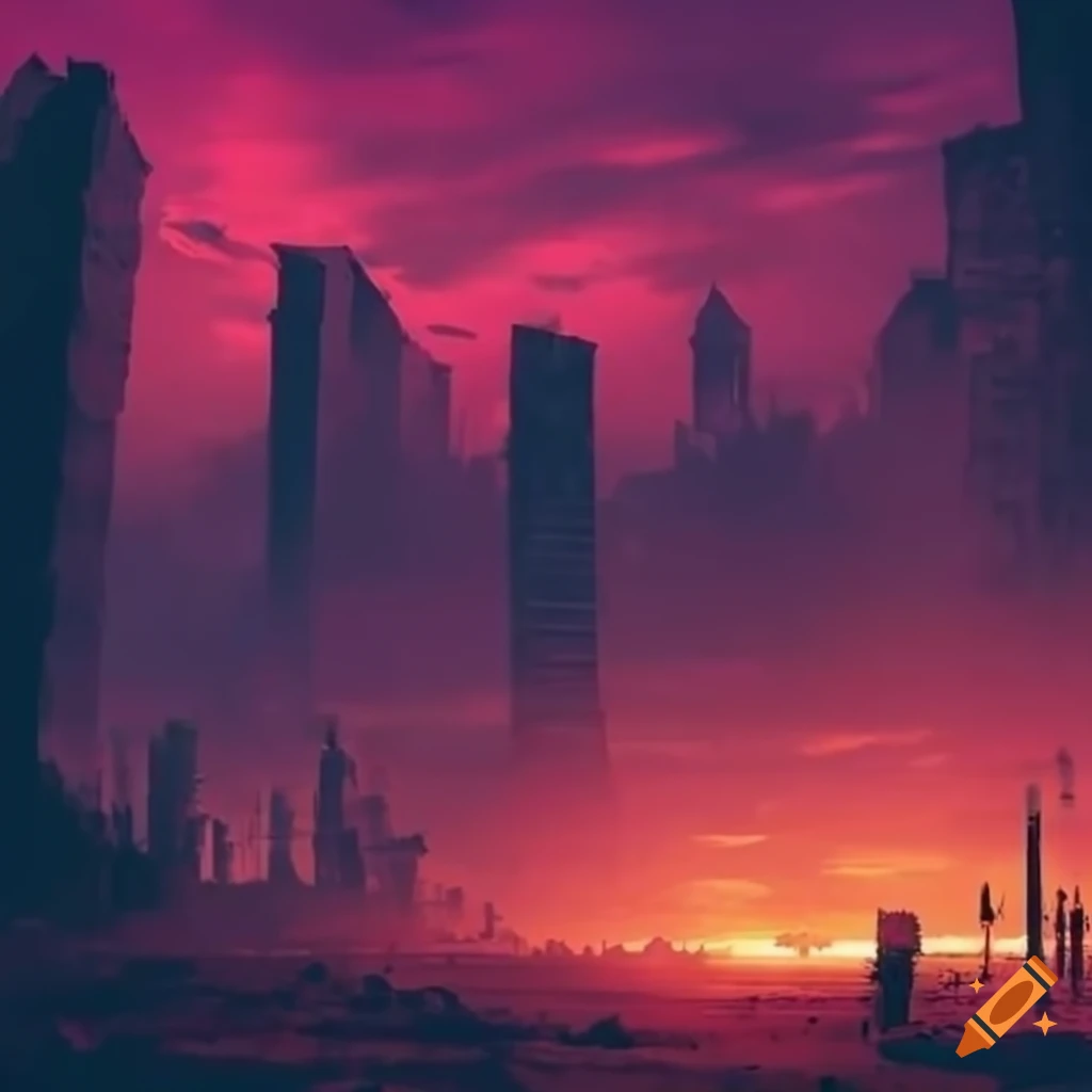 Post-apocalyptic city in ruins under a dramatic red sunset on Craiyon