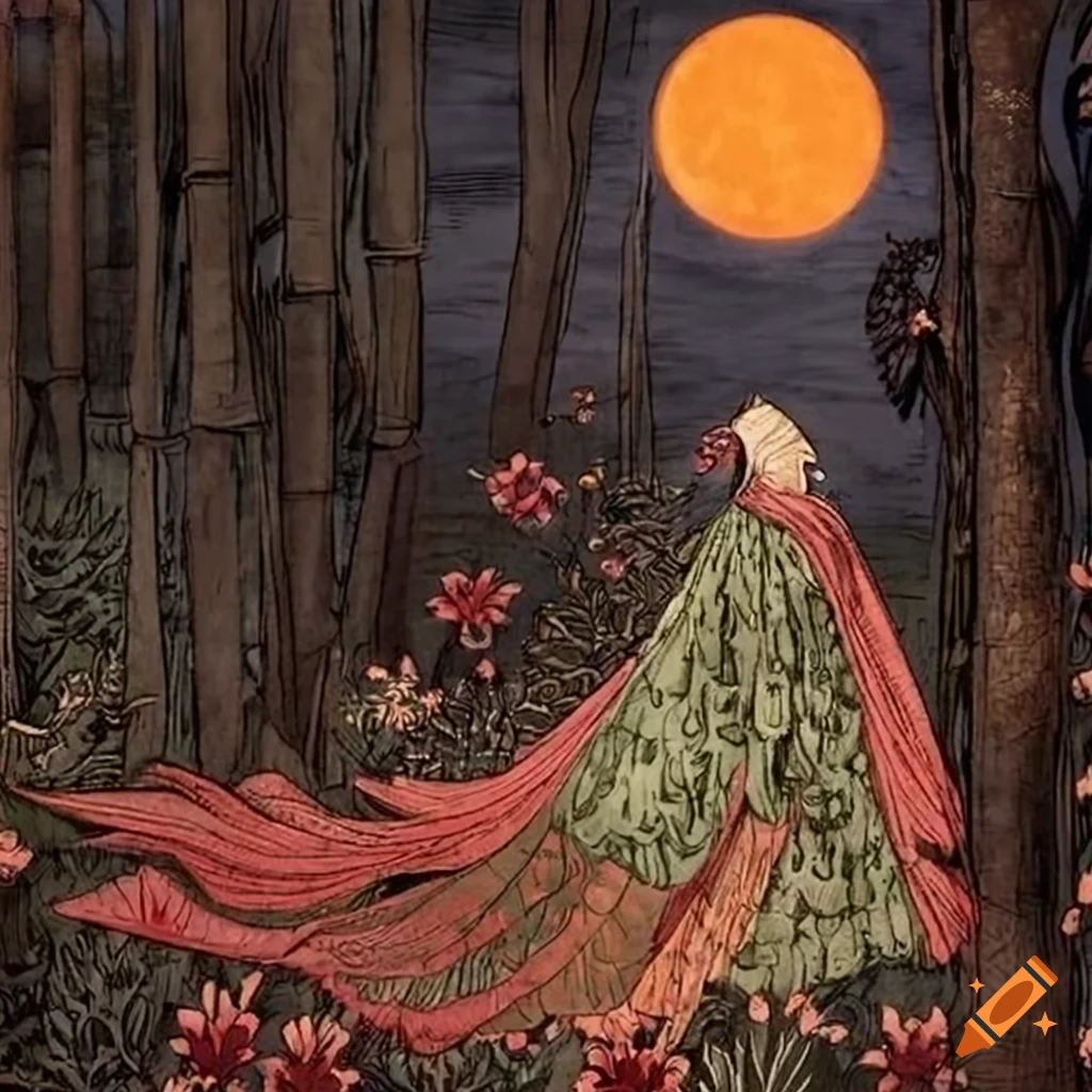 Russian storybook illustration of a curandera in a peacock cloak in a ...