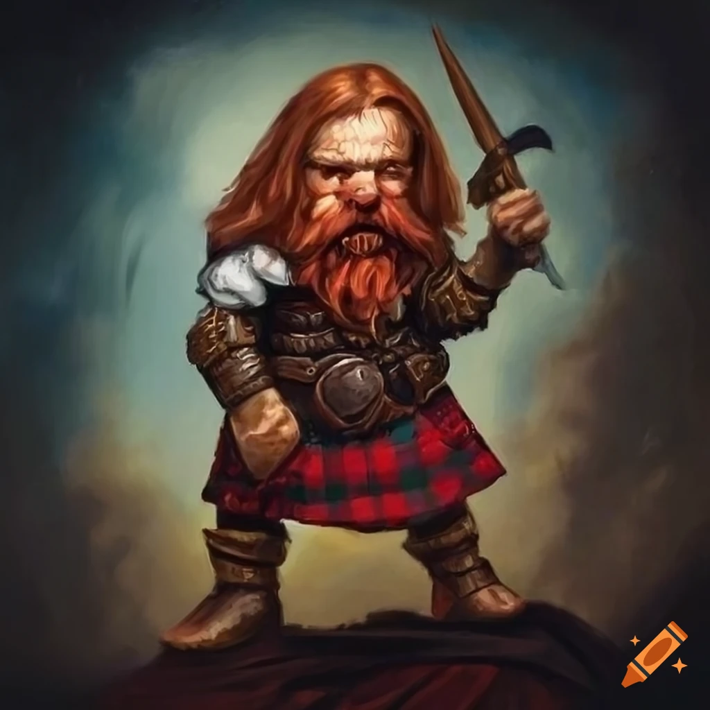 Painting of a Scottish dwarf warrior in white shirt and red kilt with ...
