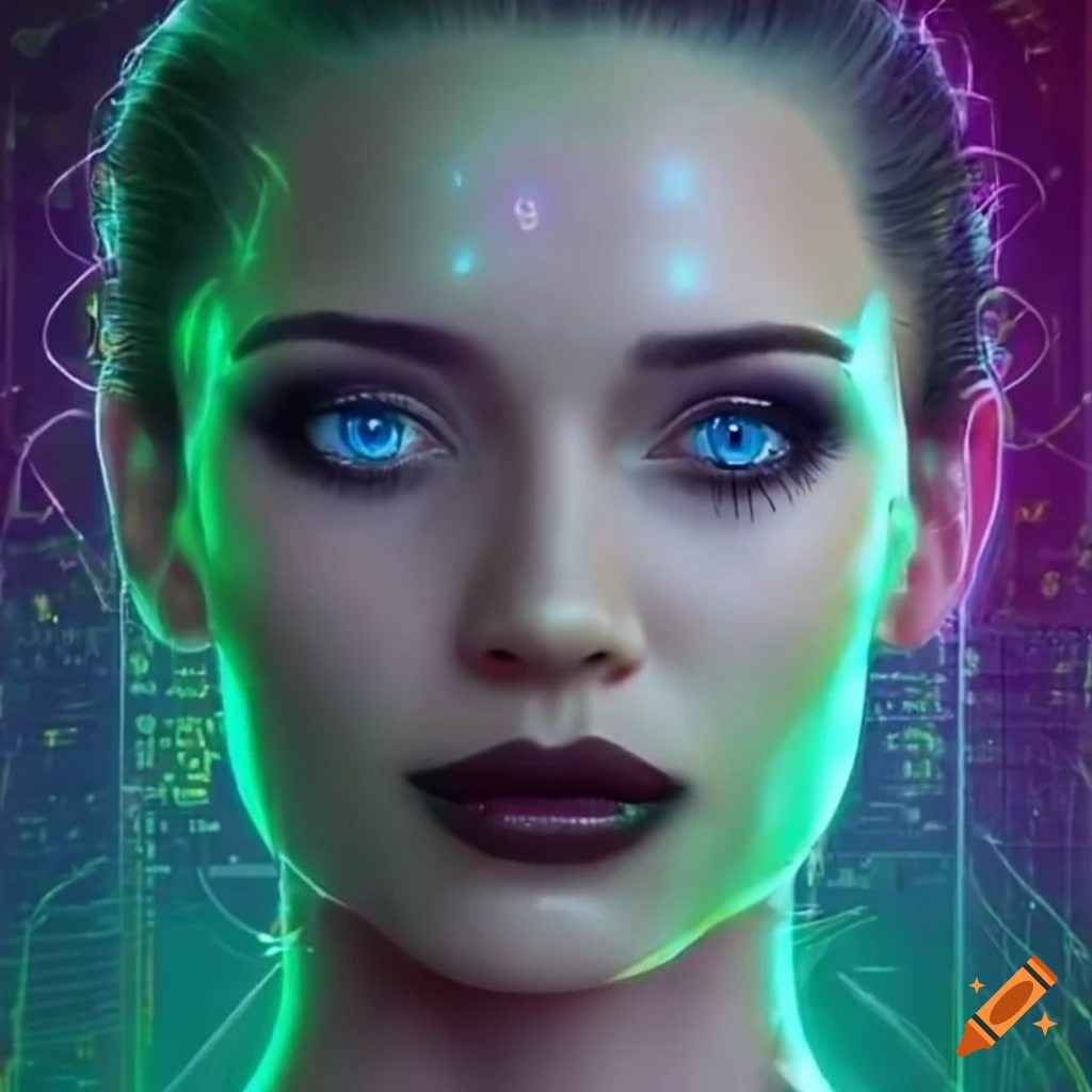 Digital matrix ai woman with blue eyes smiling on Craiyon