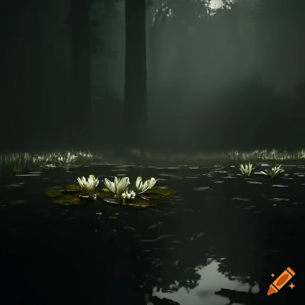 Water lilies floating on a dark pond in a stormy forest on Craiyon