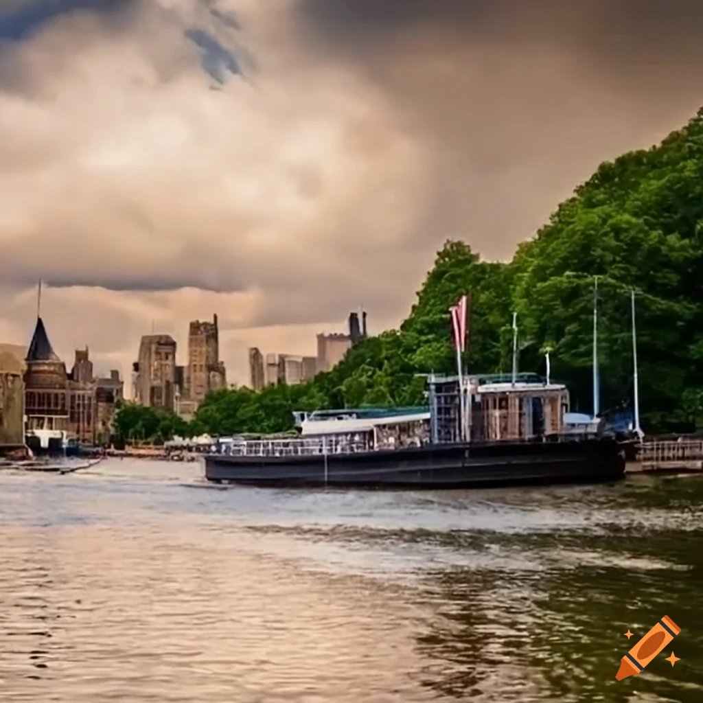 Small steamboat on a river passing docks and cities on Craiyon