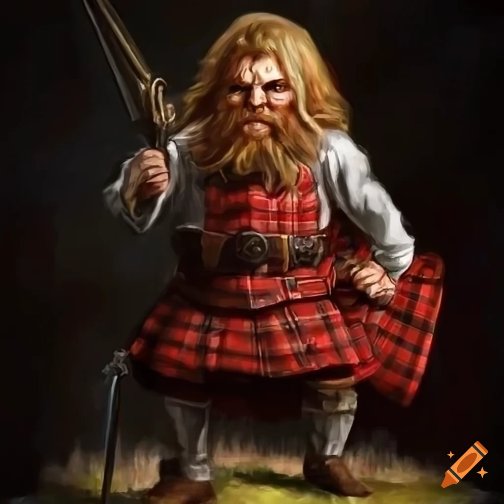 Painting of a Scottish dwarf warrior in white shirt and red kilt with ...