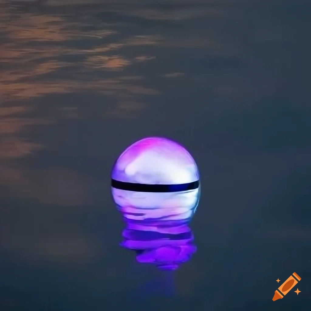 Silver illuminated Pokéball on a tranquil lake at night on Craiyon