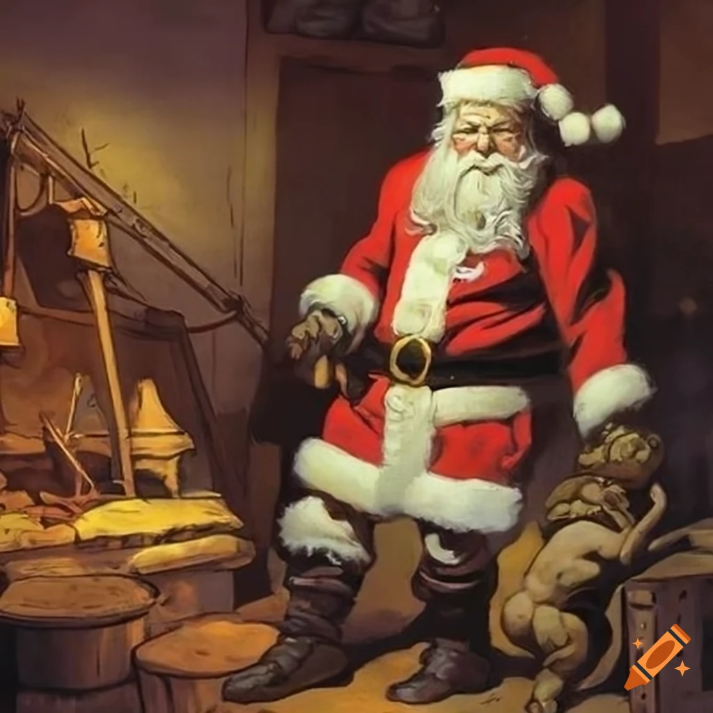 Santa claus at workshop in a fantasy art style by frank frazetta on Craiyon