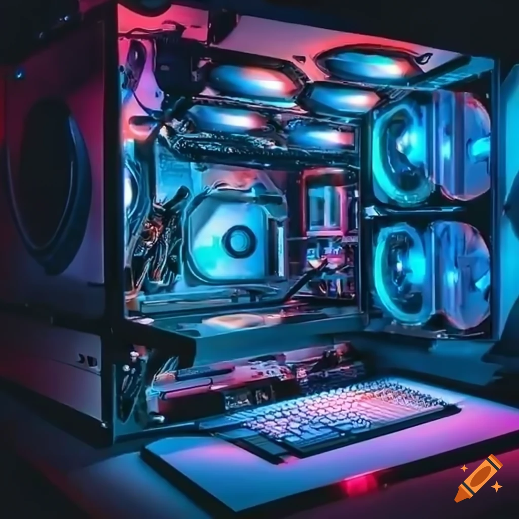Close-up of high-end gaming pc components in a setup on Craiyon