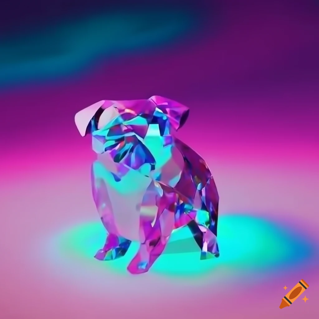 Crystal pug on iridescent beach with pink light, made of diamond in a ...