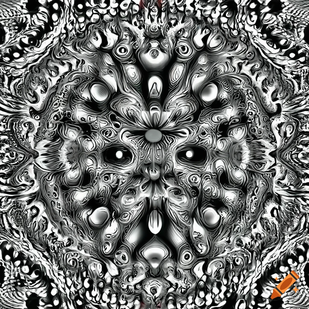 Psychedelic black and white optical illusion pattern with dots and ...