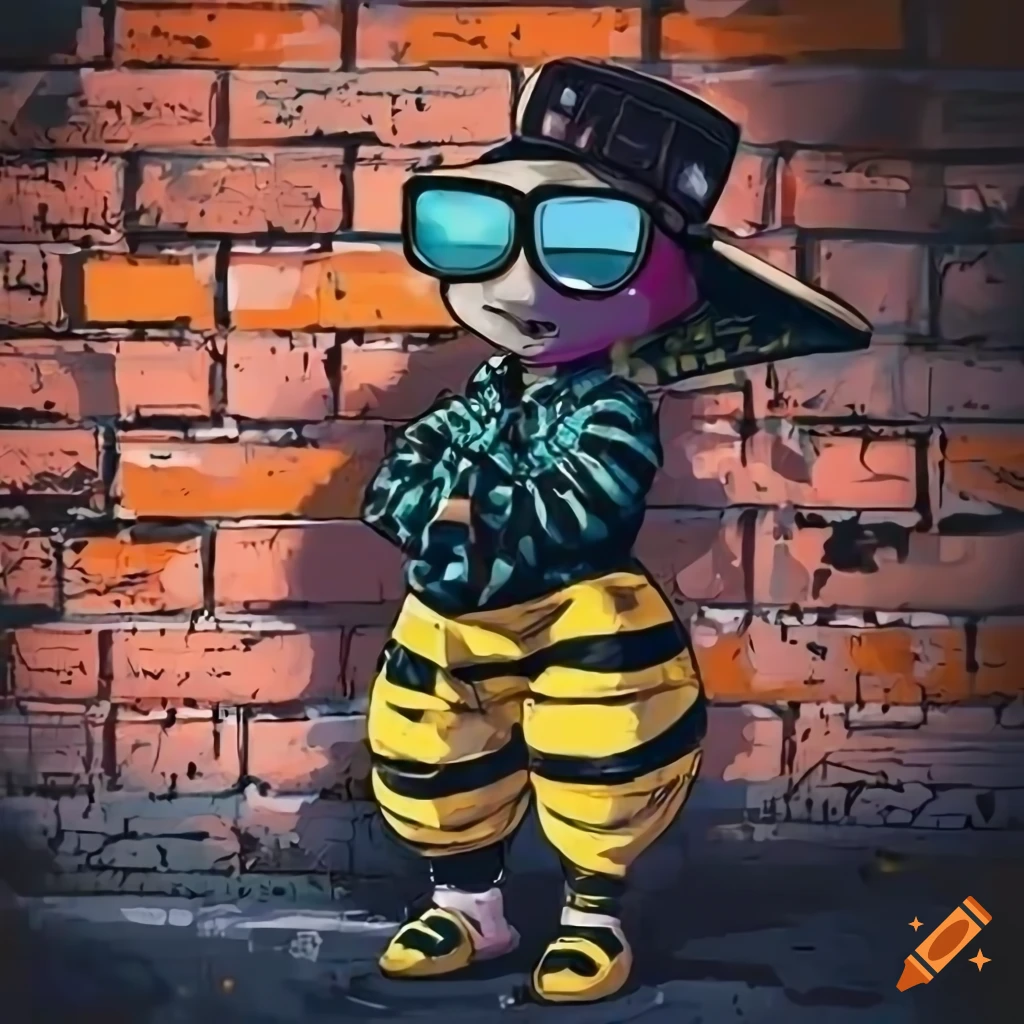 Cartoon bee in streetwear spray painting graffiti in urban alley on Craiyon