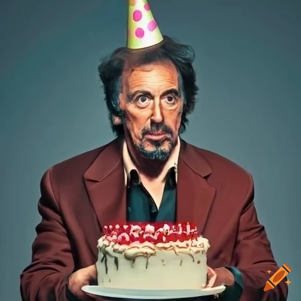 Al Pacino from Heat with a party hat and birthday cake on Craiyon