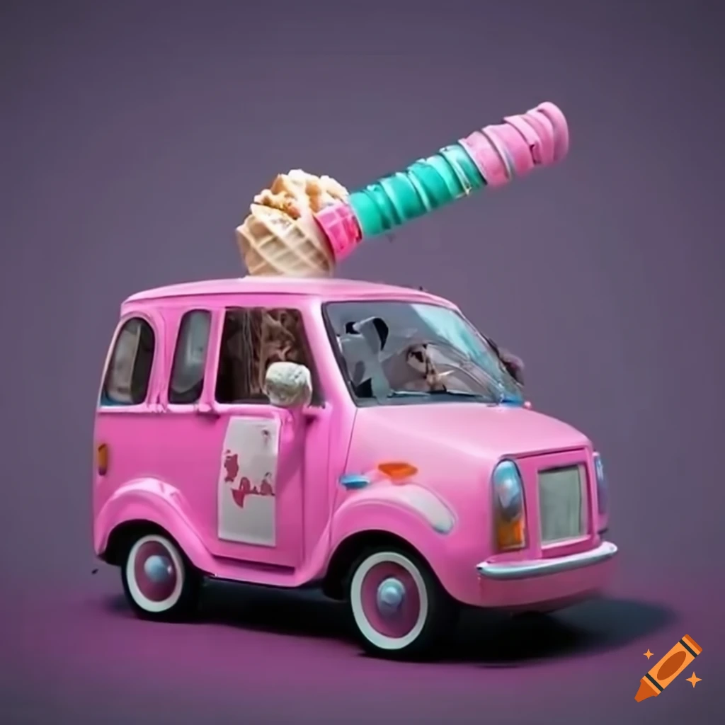 Futuristic pink ice cream car flying over New York City and dispensing ...