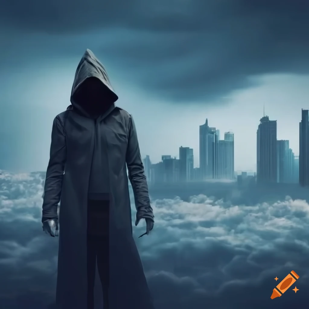 Hooded man in front of a city in the clouds on Craiyon