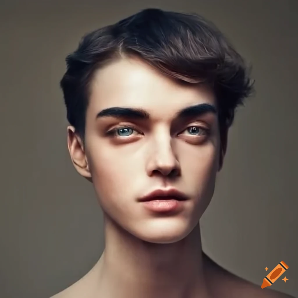 Portrait of a man with dark hair and delicate features blushing on Craiyon