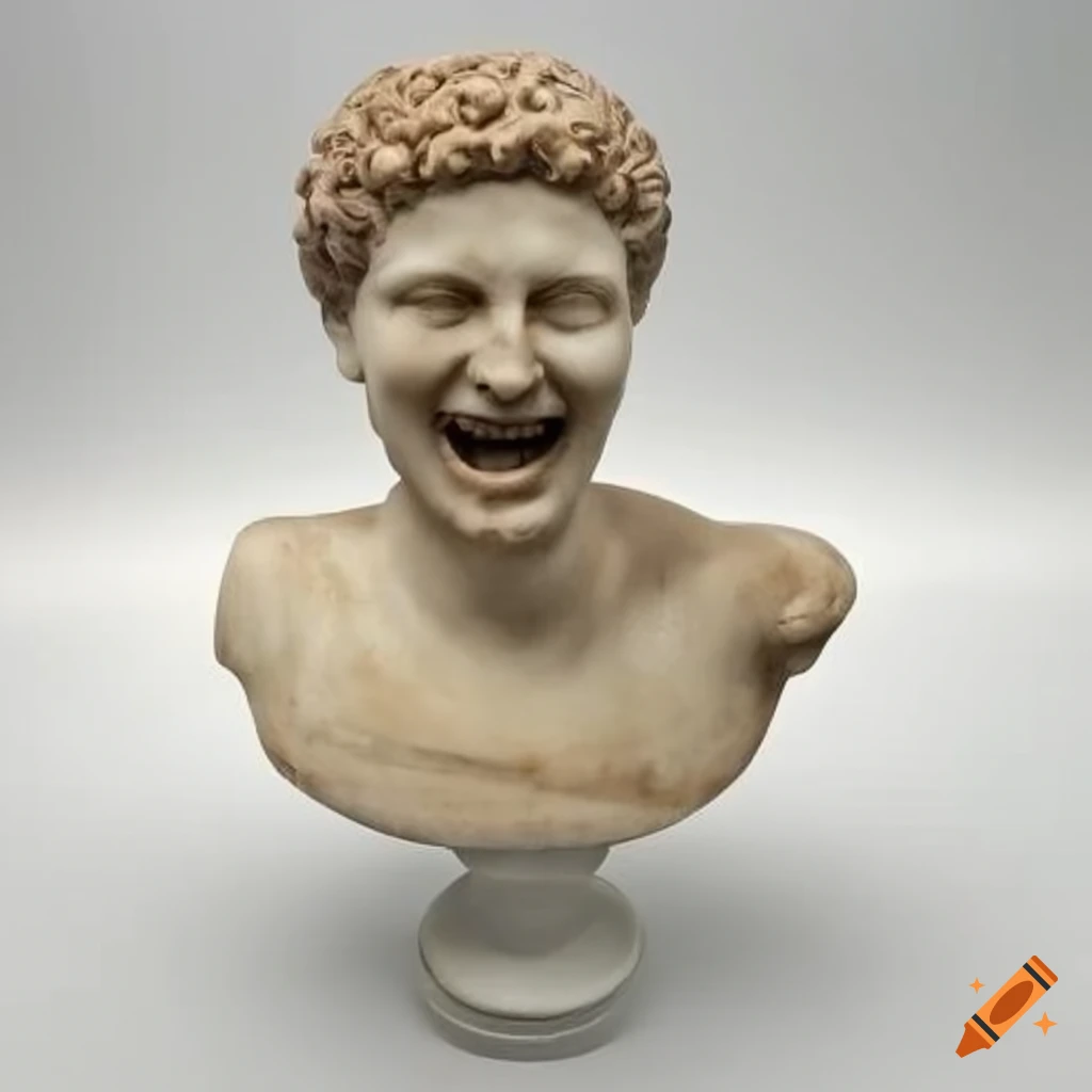 Marble bust of a laughing roman man on Craiyon