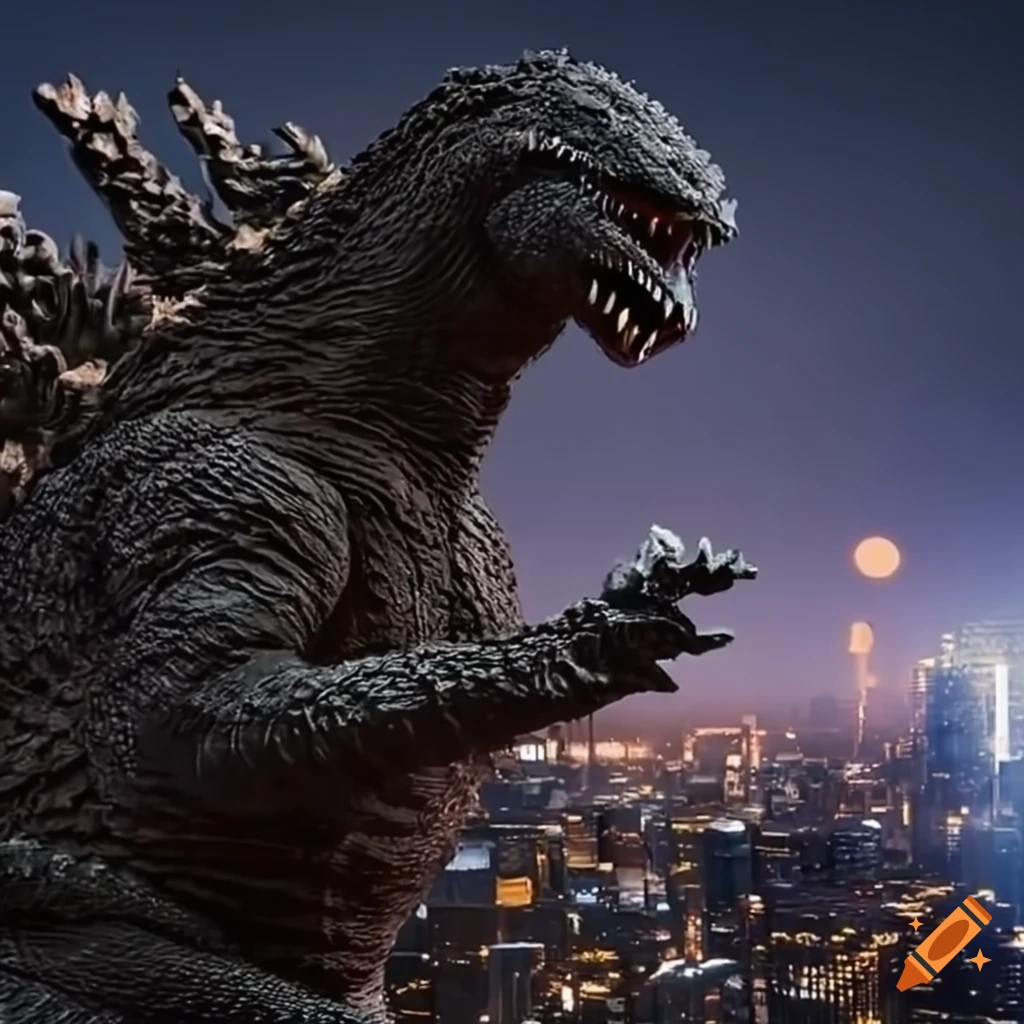 Gigantic Godzilla towering above a cityscape in intricate detail on Craiyon