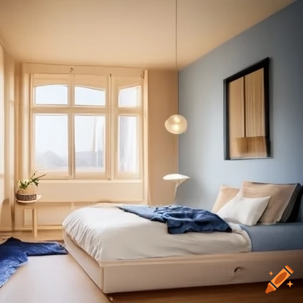 Modern blue and beige bedroom with a window and sunrise on Craiyon