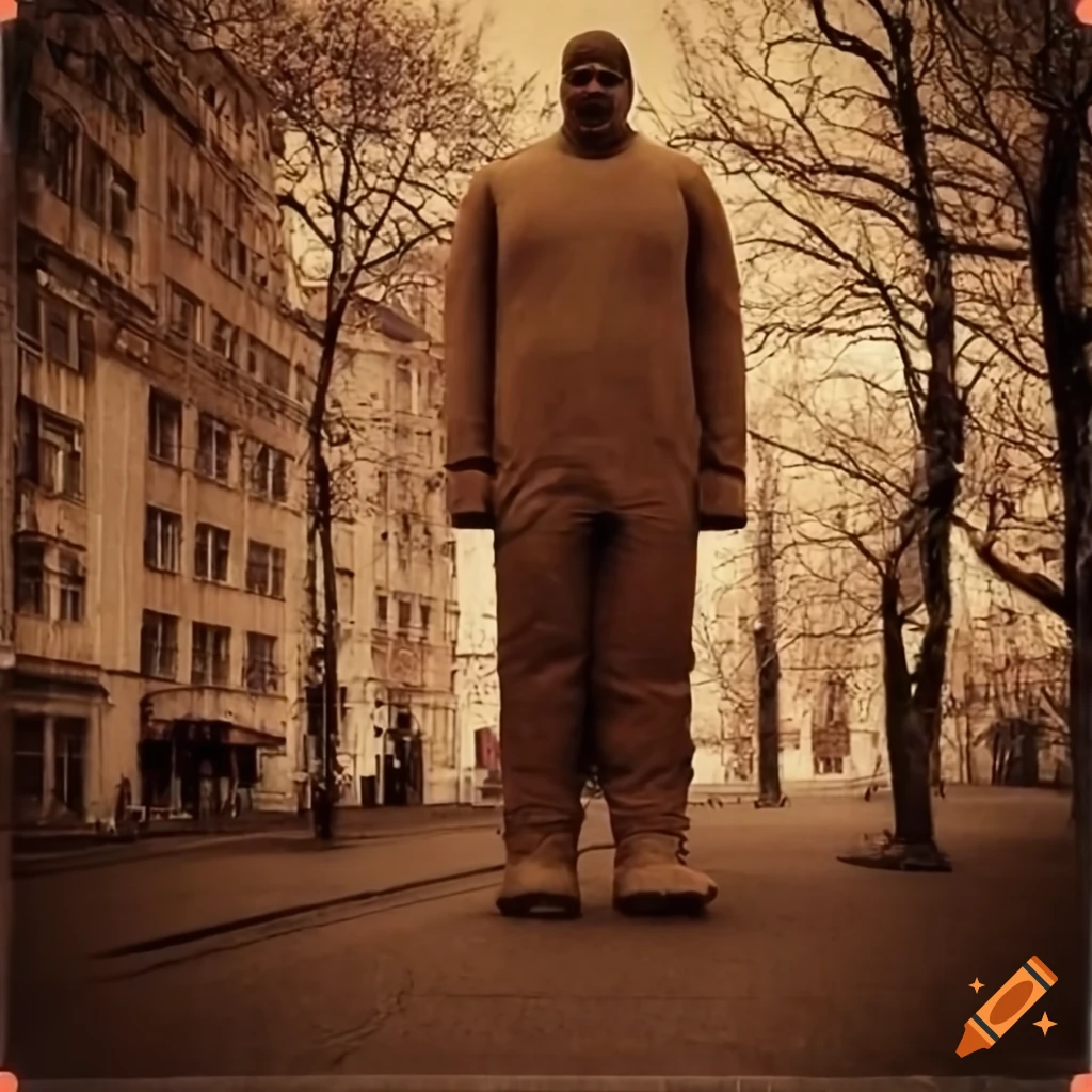 Giant man surrounded by normal size people in sepia tones on Craiyon