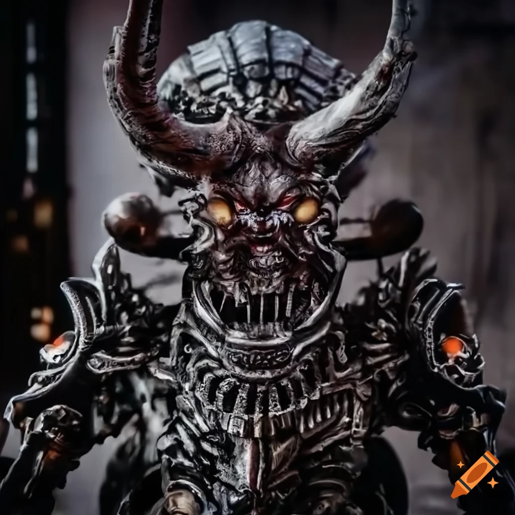 Detailed cyborg or mechanical demon creature in dark industrial setting ...