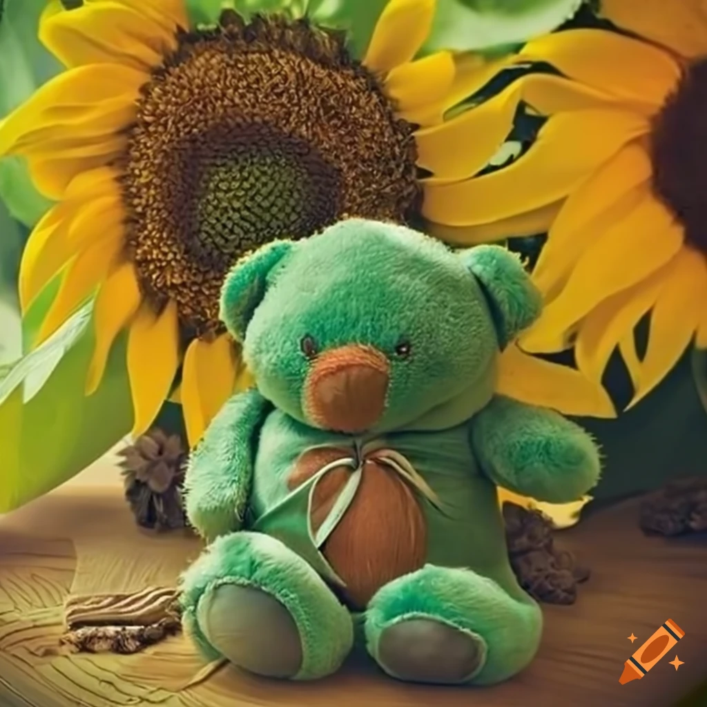 Green teddy bear amidst sunflowers on Craiyon