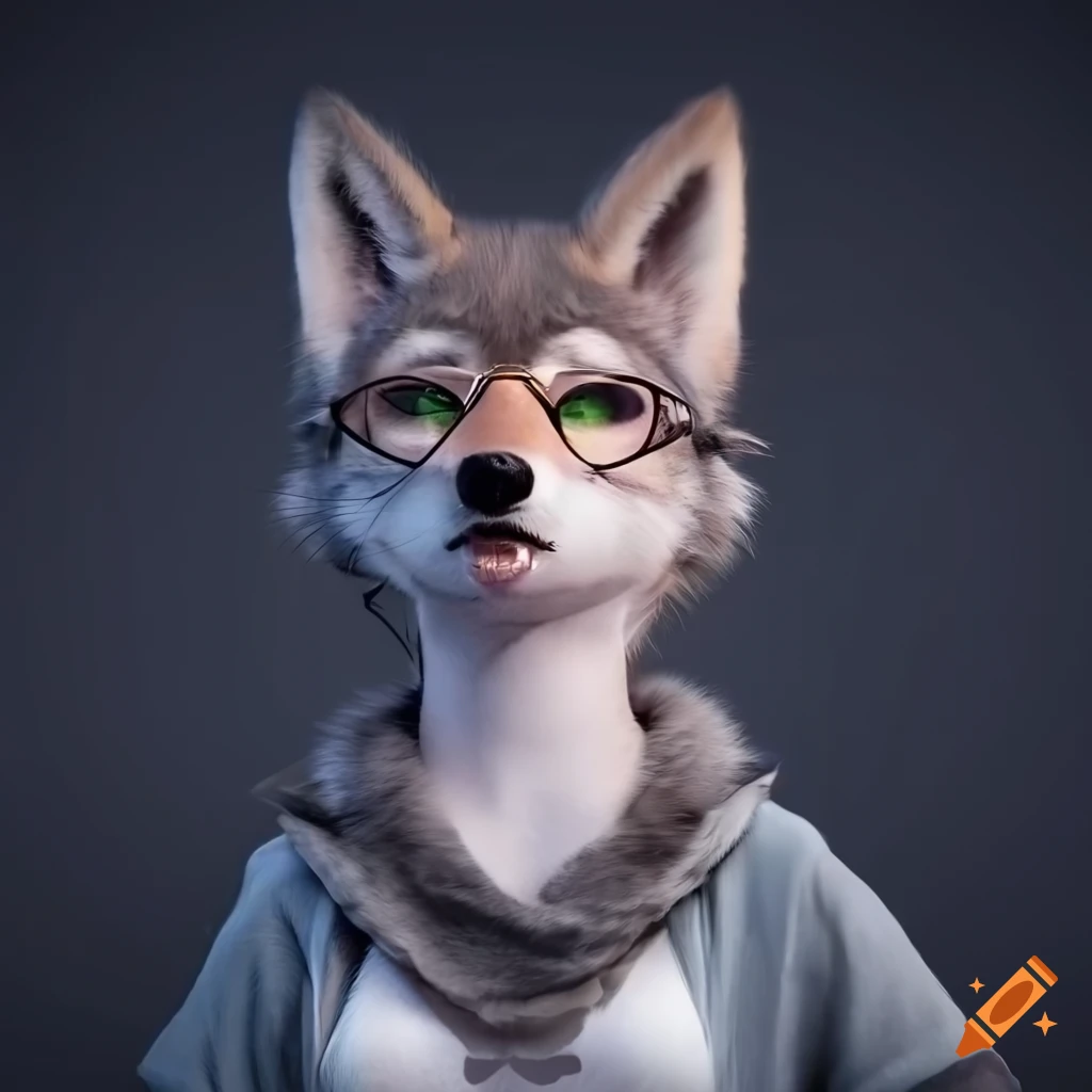 Anthropomorphic female wolf with glasses and casual clothing on Craiyon